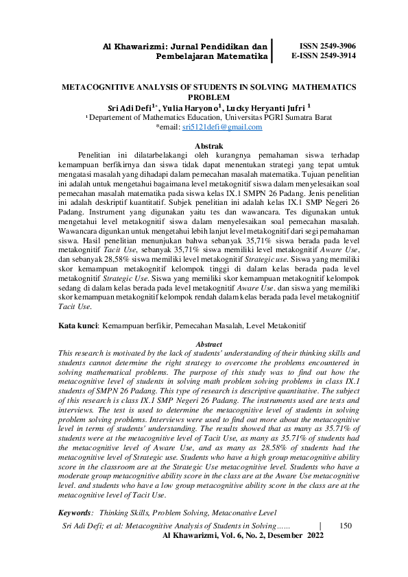 (PDF) Metacognitive Analysis of Students in Solving Mathematics Problem