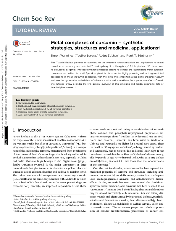(PDF) Metal complexes of curcumin – synthetic strategies, structures ...