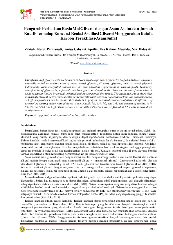 (PDF) Pengaruh Perbedaan Rasio Mol Gliserol dengan Asam Asetat dan Jumlah Katalis terhadap ...