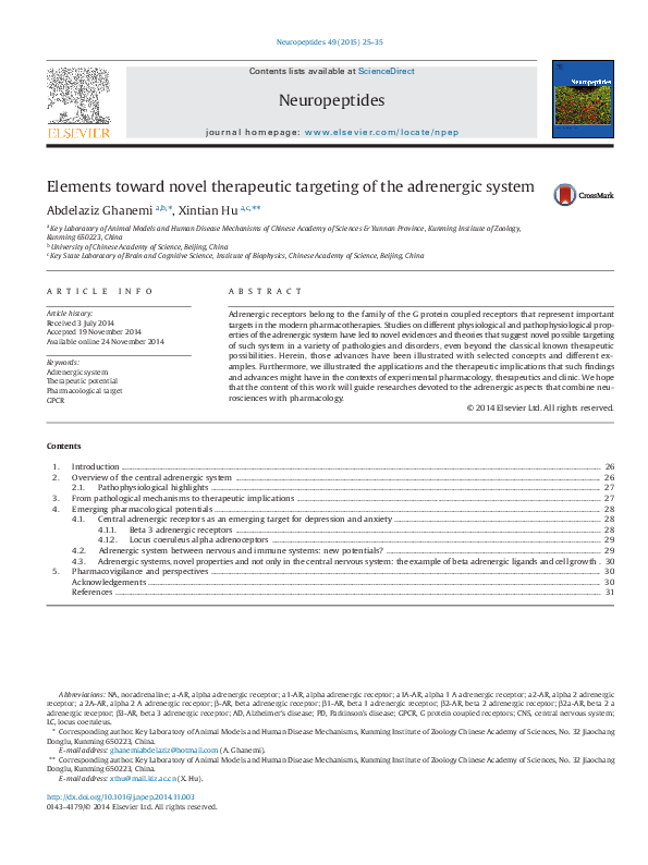 (PDF) Elements toward novel therapeutic targeting of the adrenergic system