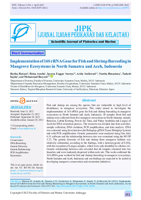 (PDF) Implementation of 16S rRNA Gene for Fish and Shrimp Barcoding in ...