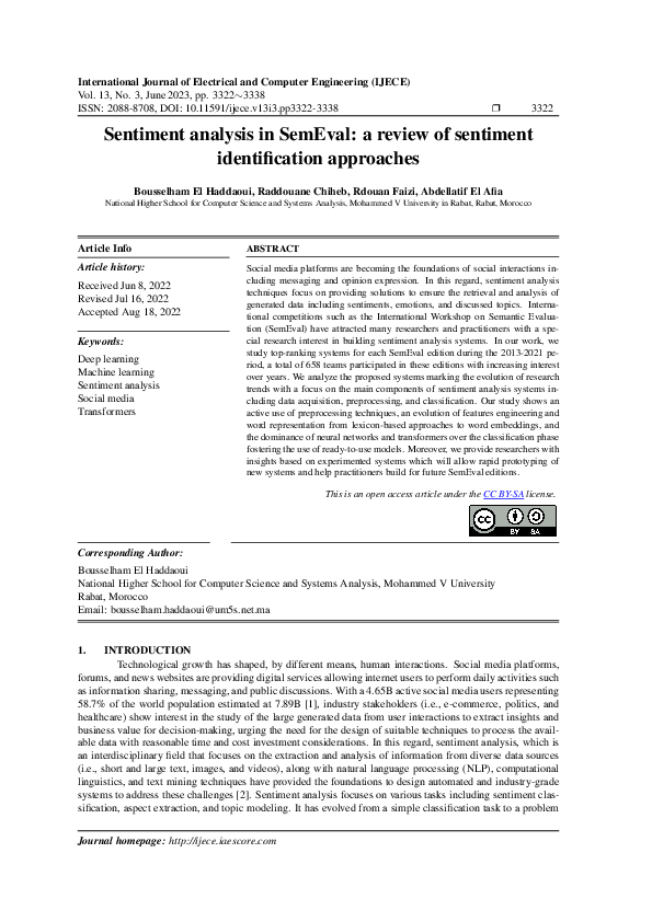 (PDF) Sentiment analysis in SemEval: a review of sentiment identification approaches
