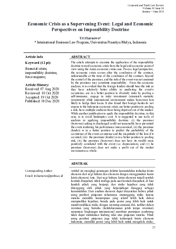 (PDF) Economic Crisis as a Supervening Event: Legal and Economic ...