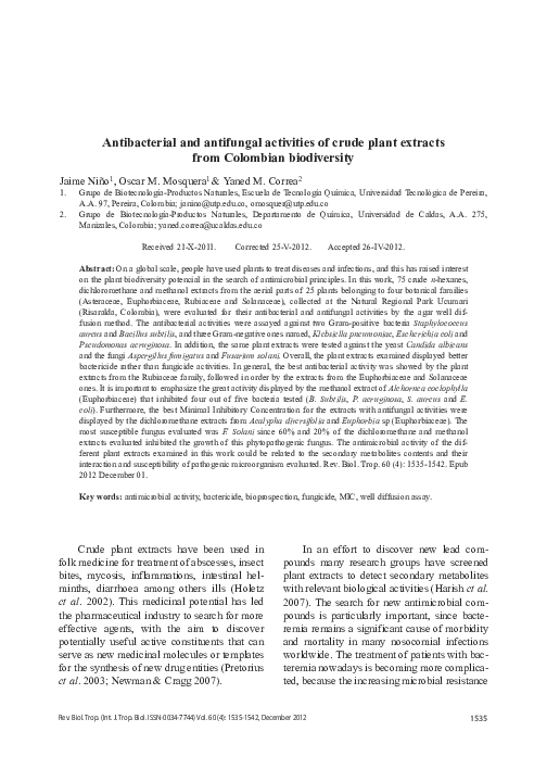 Pdf Antibacterial And Antifungal Activities Of Crude Plant Extracts