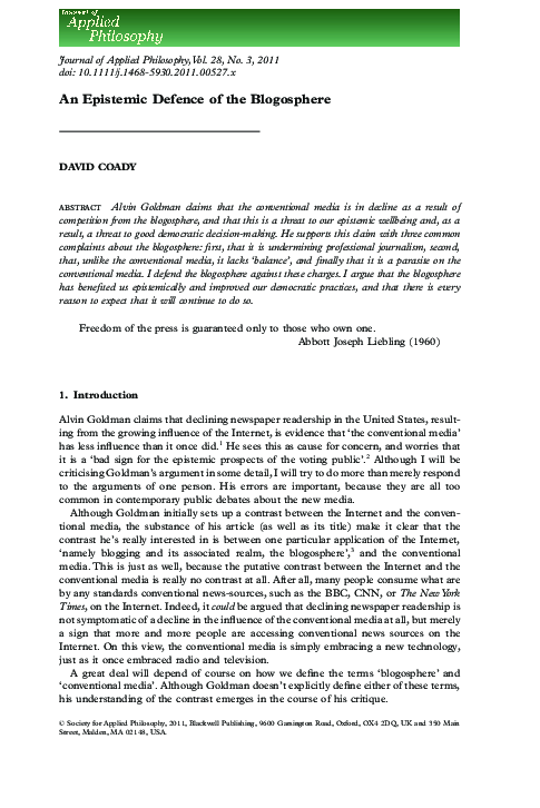 (PDF) An Epistemic Defence of the Blogosphere