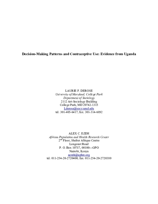 (PDF) Decision-Making Patterns and Contraceptive Use: Evidence from Uganda