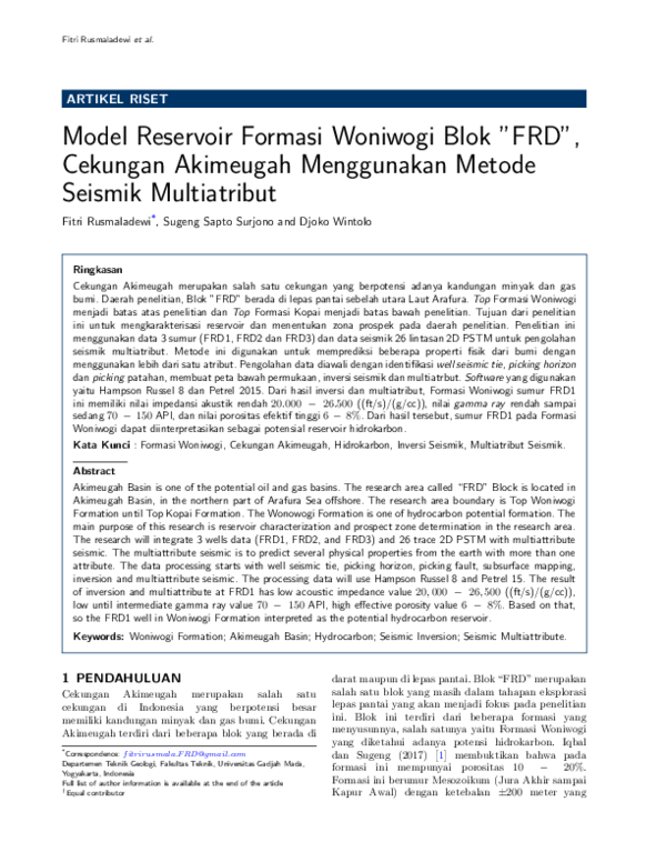 (PDF) Model Reservoir Formasi Woniwogi Blok ”FRD”, Cekungan Akimeugah ...