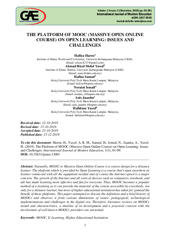 (PDF) The Platform of Mooc (Massive Open Online Course) on Open Learning: Issues and Challenges ...
