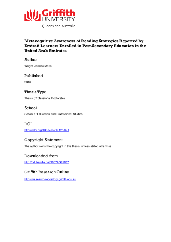 Pdf Metacognitive Awareness Of Reading Strategies Reported By Emirati Learners Enrolled In