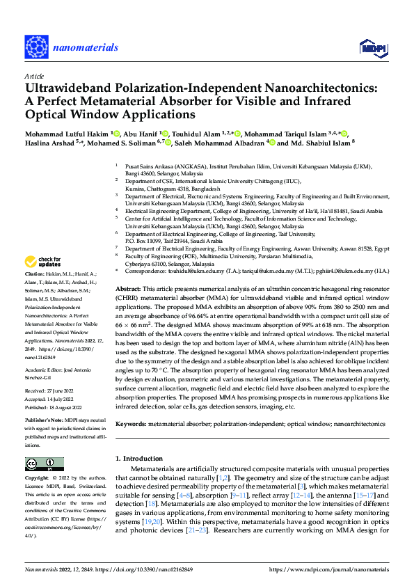 (PDF) Ultrawideband Polarization-Independent Nanoarchitectonics: A Perfect Metamaterial Absorber ...