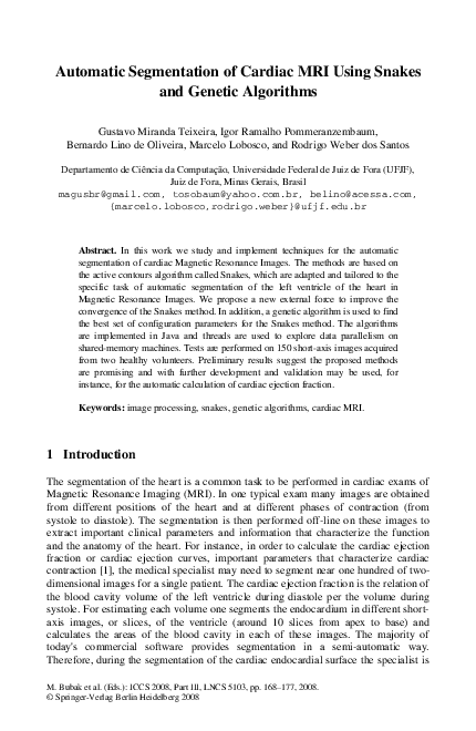 (PDF) Automatic Segmentation of Cardiac MRI Using Snakes and Genetic Algorithms