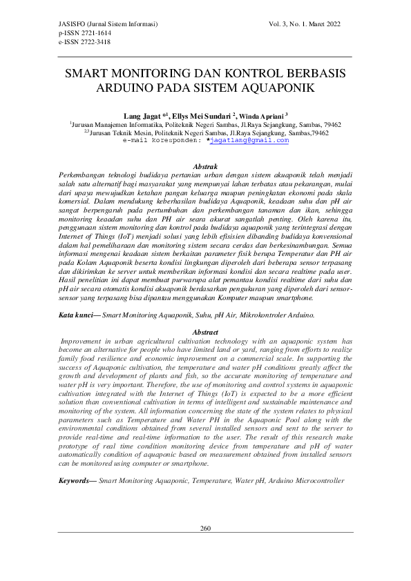 Pdf Smart Monitoring Dan Kontrol Berbasis Arduino Pada Sistem Aquaponik