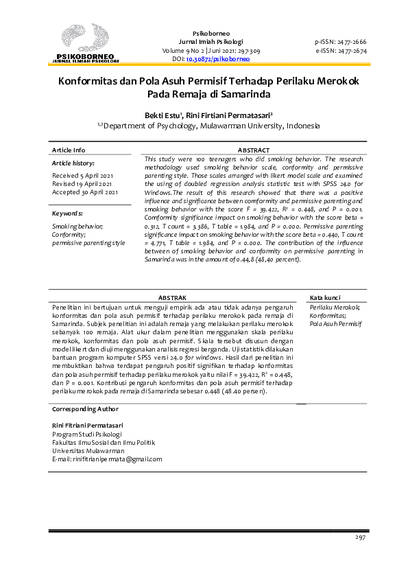 (PDF) Konformitas dan Pola Asuh Permisif Terhadap Perilaku Merokok Pada Remaja di Samarinda