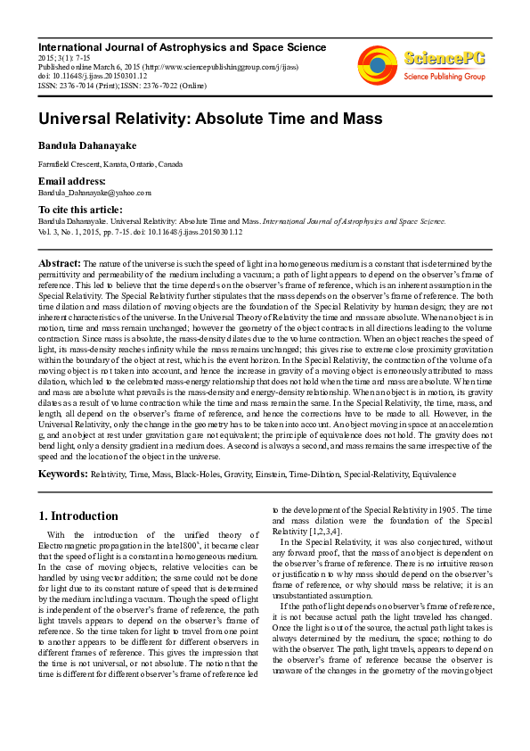 (PDF) Universal Relativity: Absolute Time and Mass