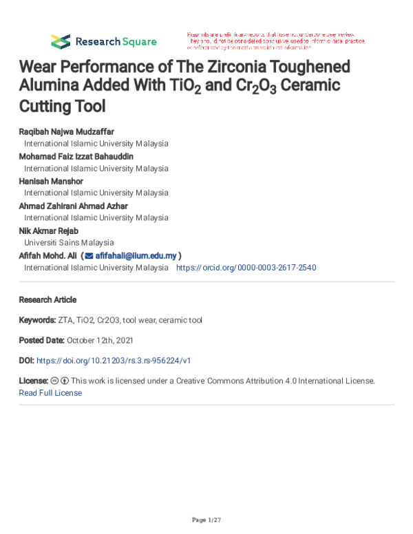 (PDF) Wear Performance of The Zirconia Toughened Alumina Added With ...