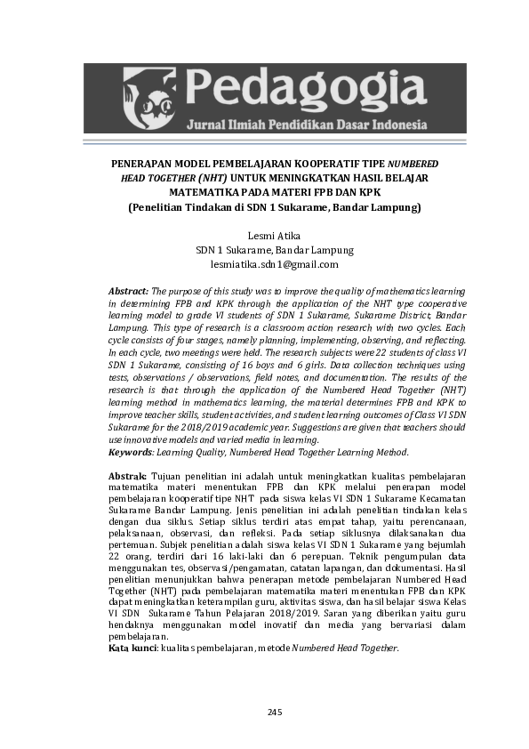 (PDF) PENERAPAN MODEL PEMBELAJARAN KOOPERATIF TIPE NUMBERED HEAD TOGETHER (NHT) UNTUK ...