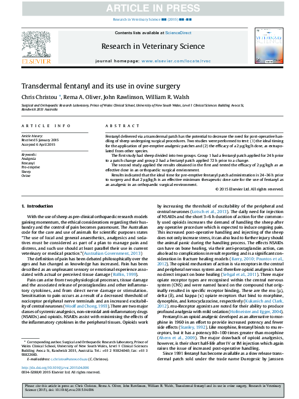 (PDF) Transdermal fentanyl and its use in ovine surgery