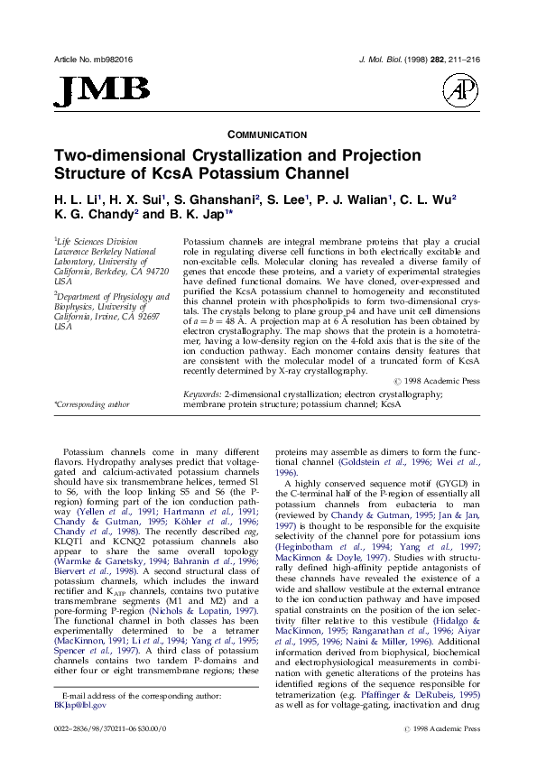 (PDF) Two-dimensional crystallization and projection structure of KcsA ...