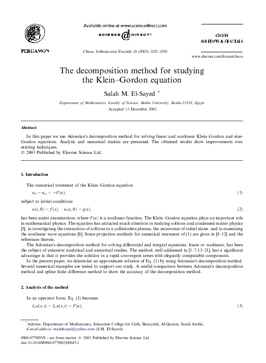(PDF) The decomposition method for studying the Klein–Gordon equation