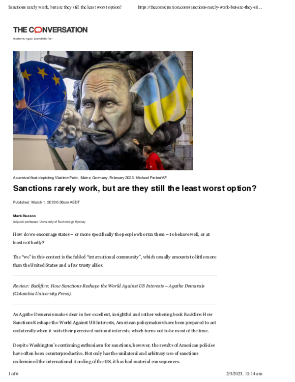 (PDF) Sanctions rarely work, but are they still the least worst option?