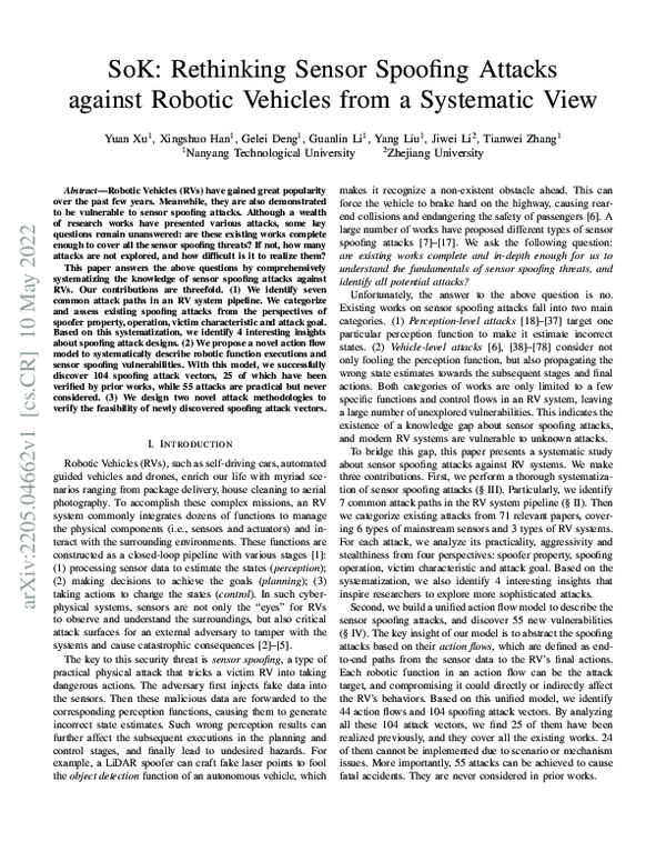 (PDF) SoK: Rethinking Sensor Spoofing Attacks against Robotic Vehicles from a Systematic View