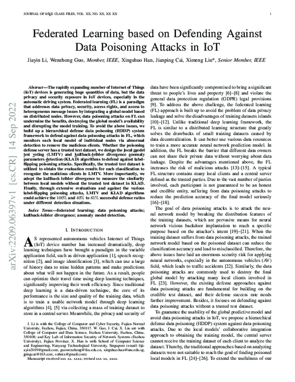 Pdf Federated Learning Based On Defending Against Data Poisoning Attacks In Iot