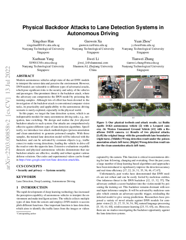(PDF) Physical Backdoor Attacks to Lane Detection Systems in Autonomous Driving | Xingshuo han ...