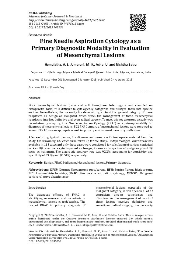 (PDF) Fine Needle Aspiration Cytology as a Primary Diagnostic Modality ...