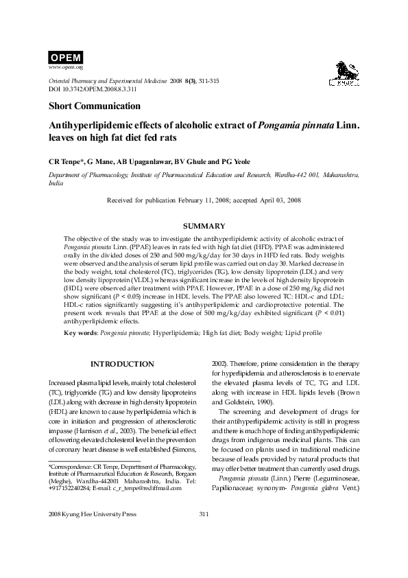(PDF) Antihyperlipidemic effects of alcoholic extract of Pongamia ...
