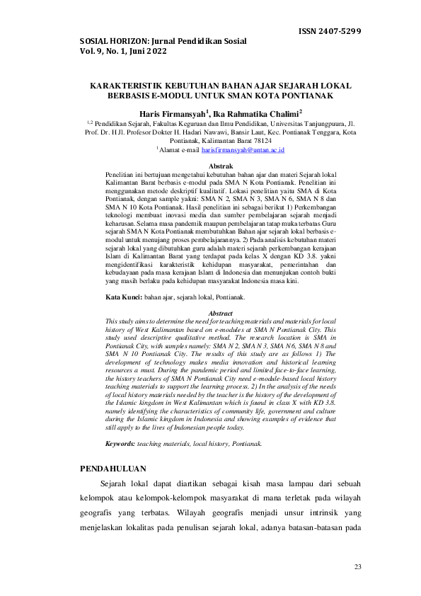 (PDF) Karakteristik Kebutuhan Bahan Ajar Sejarah Lokal Berbasis E-Modul Untuk Sman Kota Pontianak