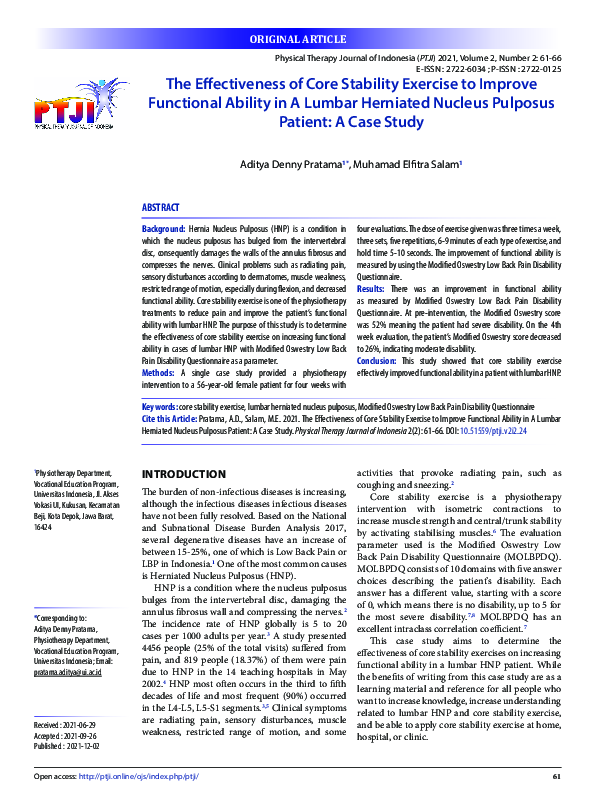 (PDF) The Effectiveness of Core Stability Exercise to Improve Functional Ability in A Lumbar ...