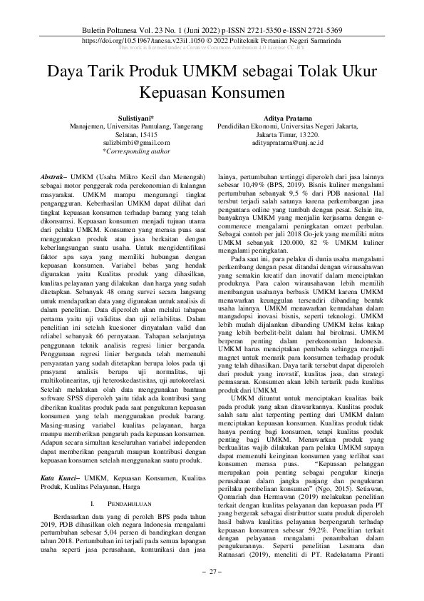 (PDF) Daya Tarik Produk UMKM sebagai Tolak Ukur Kepuasan Konsumen | ADITYA MIZU PRATAMA ...