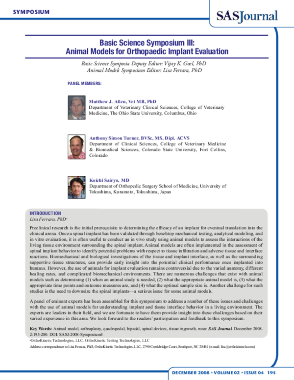 (PDF) Basic Science Symposium III: Animal Models for Orthopaedic Implant Evaluation | Lisa ...