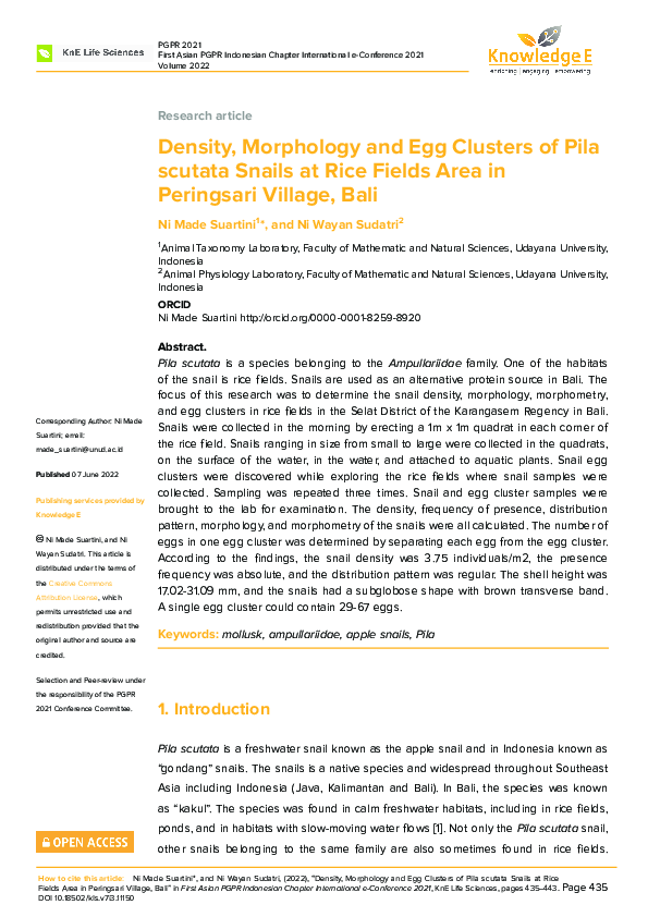 (PDF) Density, Morphology and Egg Clusters of Pila scutata Snails at ...
