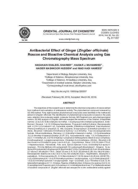 (PDF) Antibacterial Effect of Ginger (Zingiber officinale) Roscoe and Bioactive Chemical ...