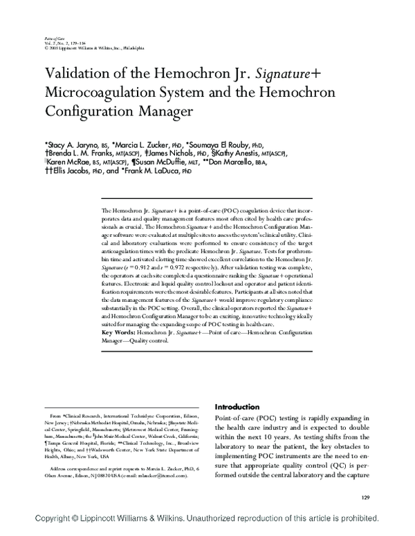 (PDF) Validation of the Hemochron Jr. Signature + Microcoagulation ...