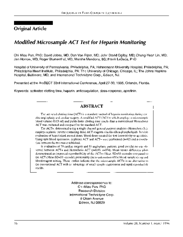 (PDF) Modified microsample ACT test for heparin monitoring