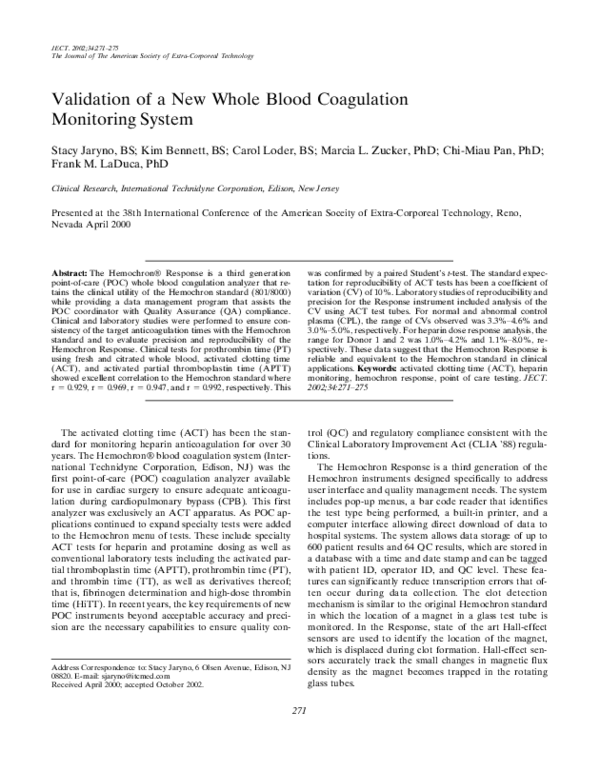 (PDF) Validation of a new whole blood coagulation monitoring system