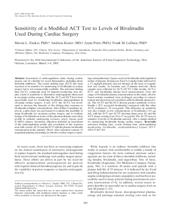 (PDF) Sensitivity of a modified ACT test to levels of bivalirudin used ...