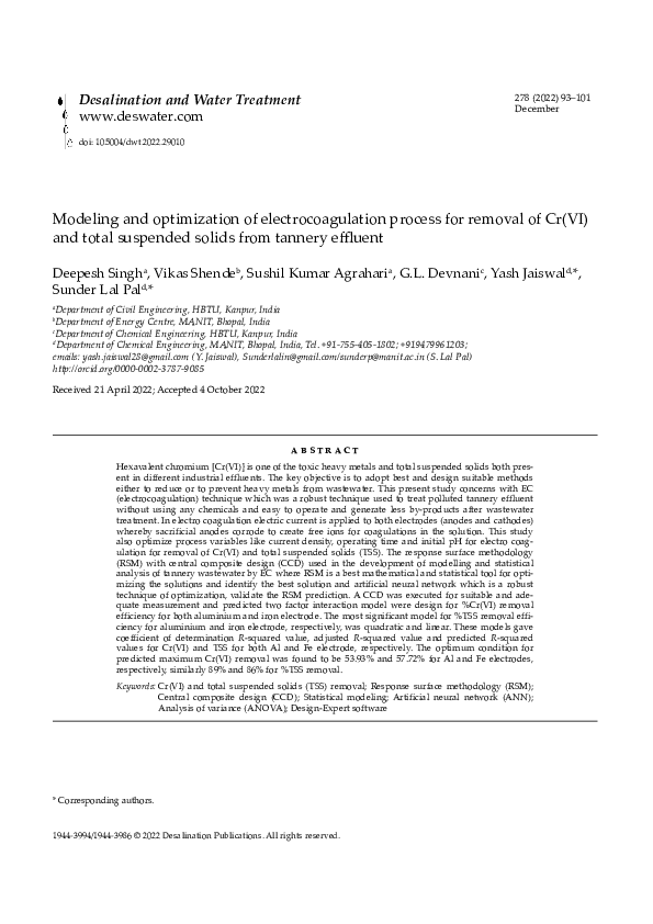 (PDF) Modeling and optimization of electrocoagulation process for removal of Cr(VI) and total ...