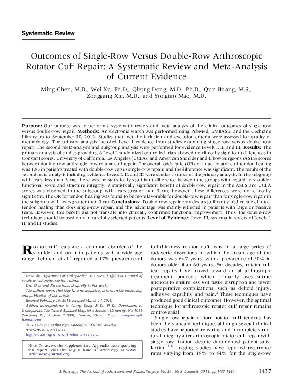 (PDF) Outcomes of Single-Row Versus Double-Row Arthroscopic Rotator ...