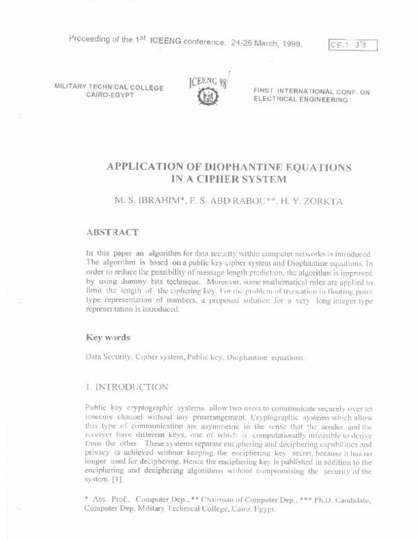 Pdf Application Of Diophantine Equations In A Cipher System