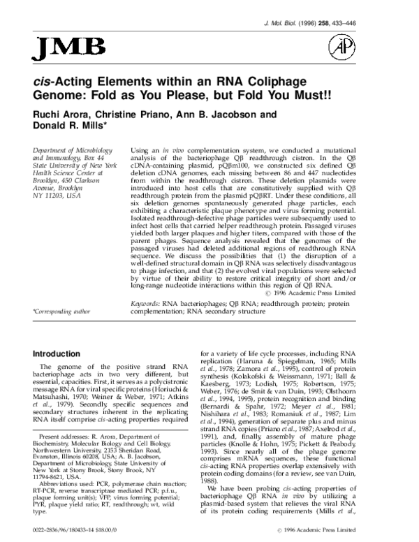 (PDF) cis-Acting Elements within an RNA Coliphage Genome: Fold as You ...