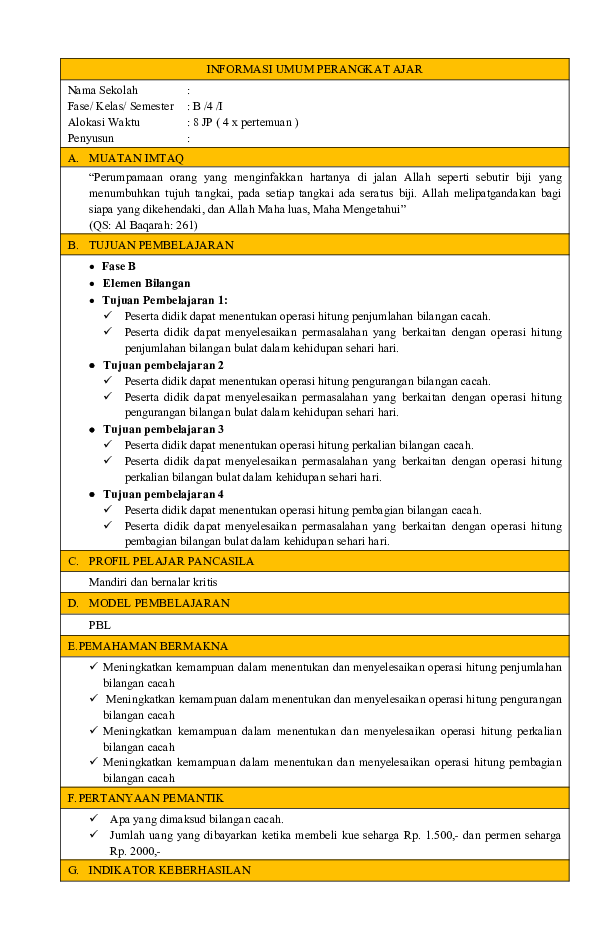 (DOC) CONTOH MODUL AJAR MATEMATIKA ELEMEN BILANGAN FASE B KELAS IV KURIKULUM MERDEKA