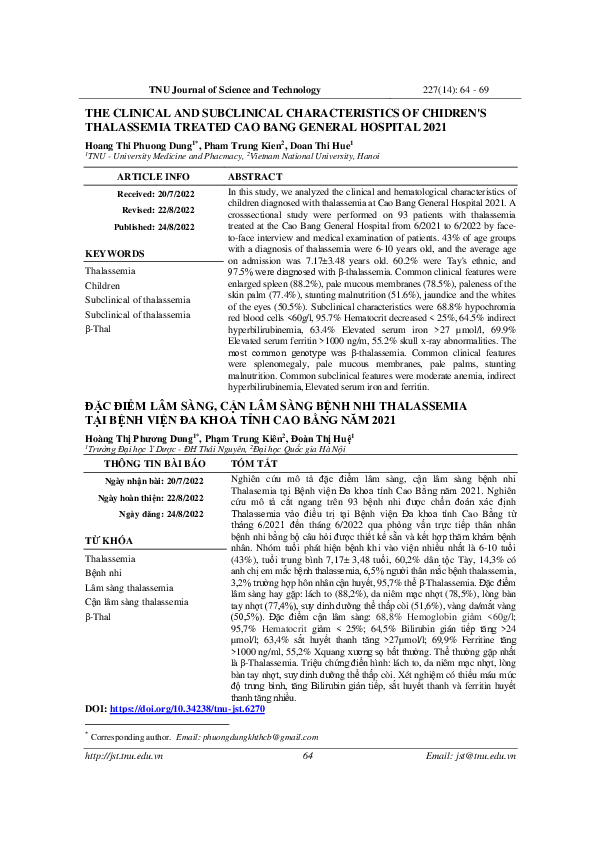 (PDF) Đặc Điểm Lâm Sàng, Cận Lâm Sàng Bệnh Nhi Thalassemia Tại Bệnh Viện Đa Khoa Tỉnh Cao Bằng ...