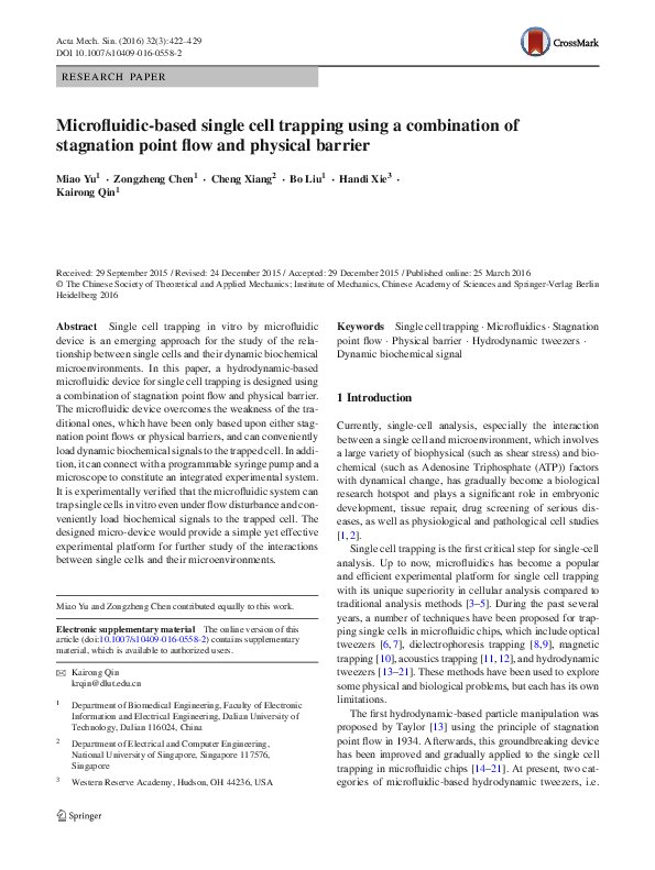 (PDF) Microfluidic-based single cell trapping using a combination of stagnation point flow and ...