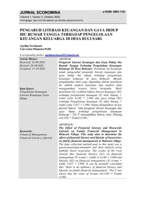 (PDF) Pengaruh Literasi Keuangan Dan Gaya Hidup Ibu Rumah Tangga Terhadap Pengelolaan Keuangan ...