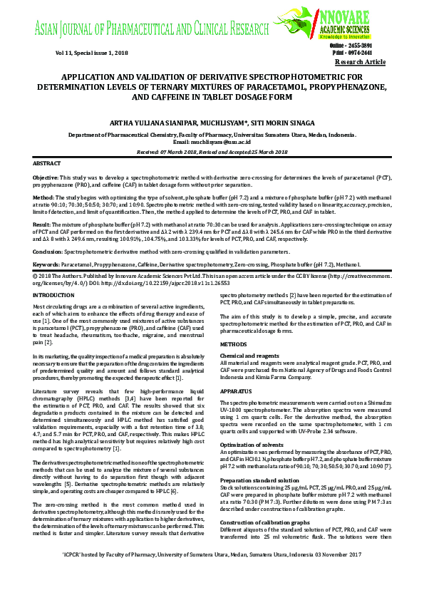 Pdf Application And Validation Of Derivative Spectrophotometric For Determination Levels Of