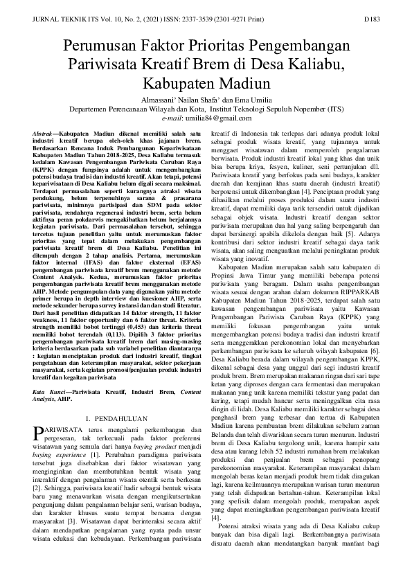 (PDF) Perumusan Faktor Prioritas Pengembangan Pariwisata Kreatif Brem ...