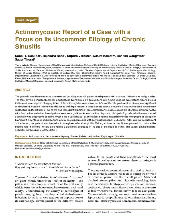 (PDF) Actinomycosis: Report of a Case with a Focus on its Uncommon Etiology of Chronic Sinusitis
